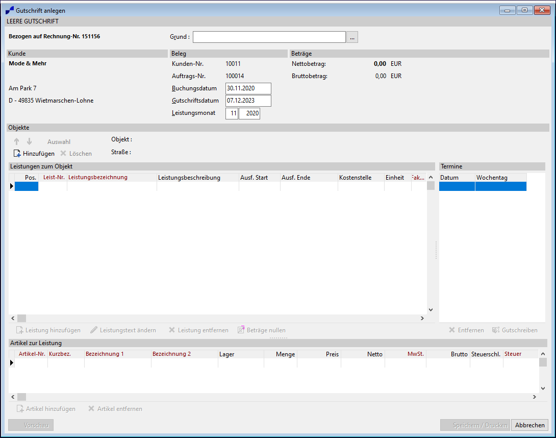 Wie/Wo ist der Unterschied zwischen “leerer“ Gutschrift und “Gutschrift aus Rechnungsdaten“