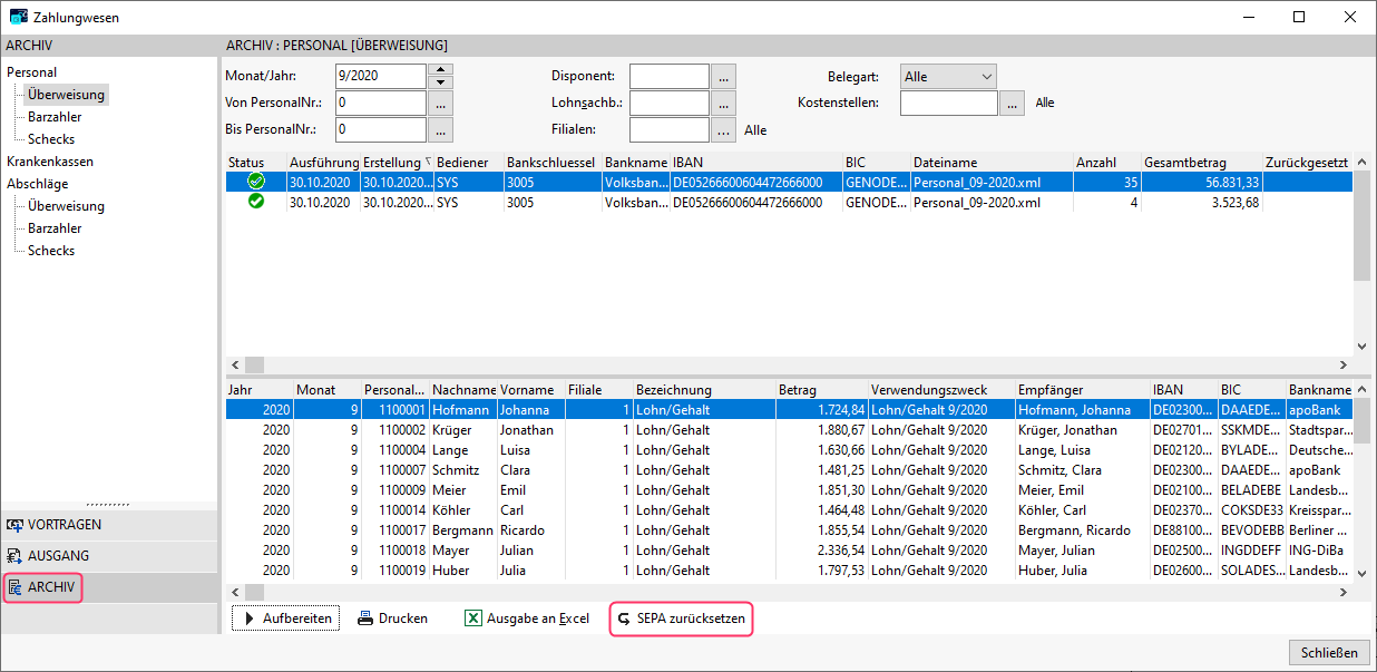 Wie kann ich eine SEPA-Datei zurücksetzen?